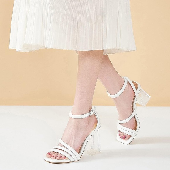 Shoes | White Strappy Heels With Clear Block Heels | Poshmark